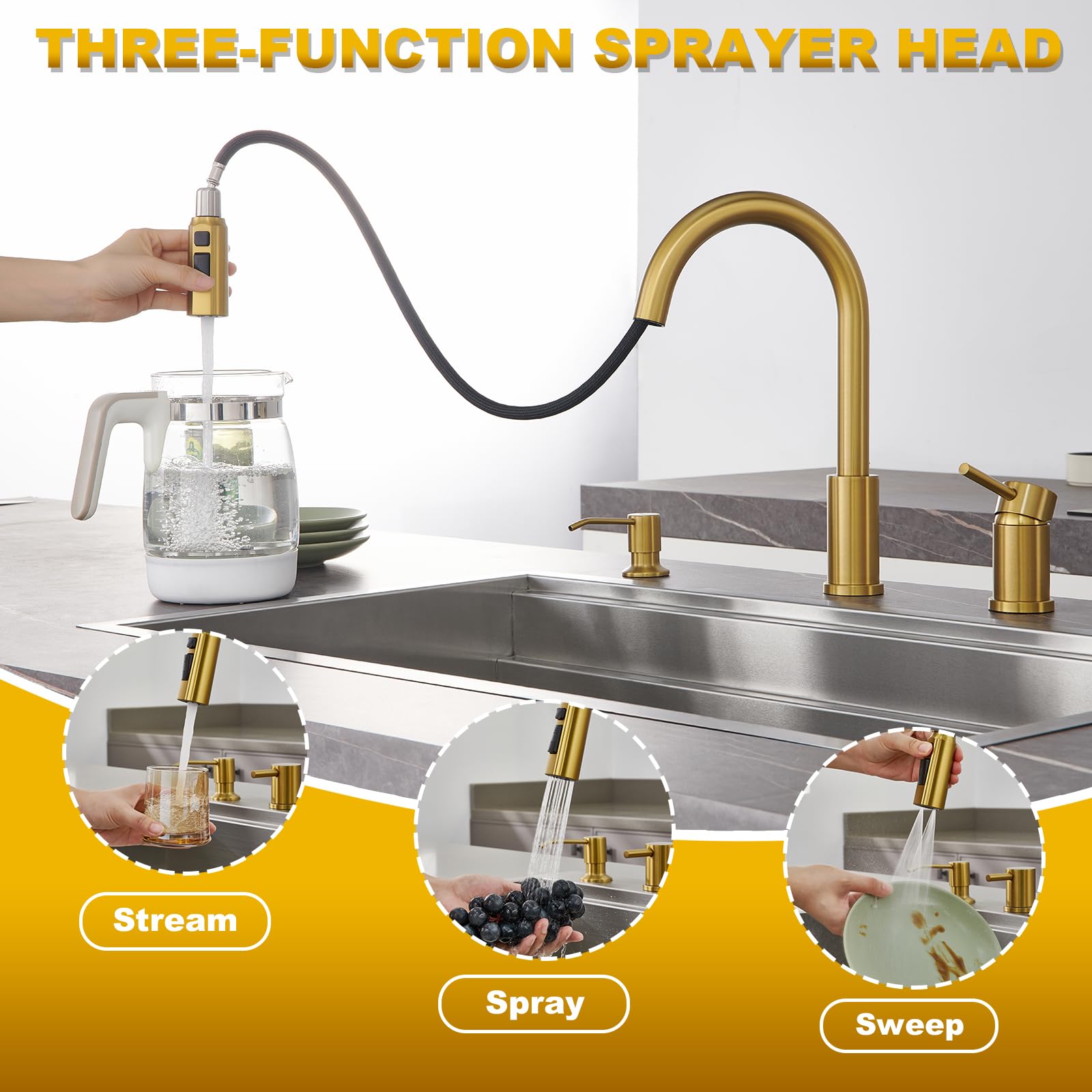 Tohlar Gold Shower Faucet Set with Tub Spout, Bathtub and Shower Faucet Combo Kit & Tohlar Brushed Gold Kitchen Faucet Single Handle High Arc Kitchen Faucets