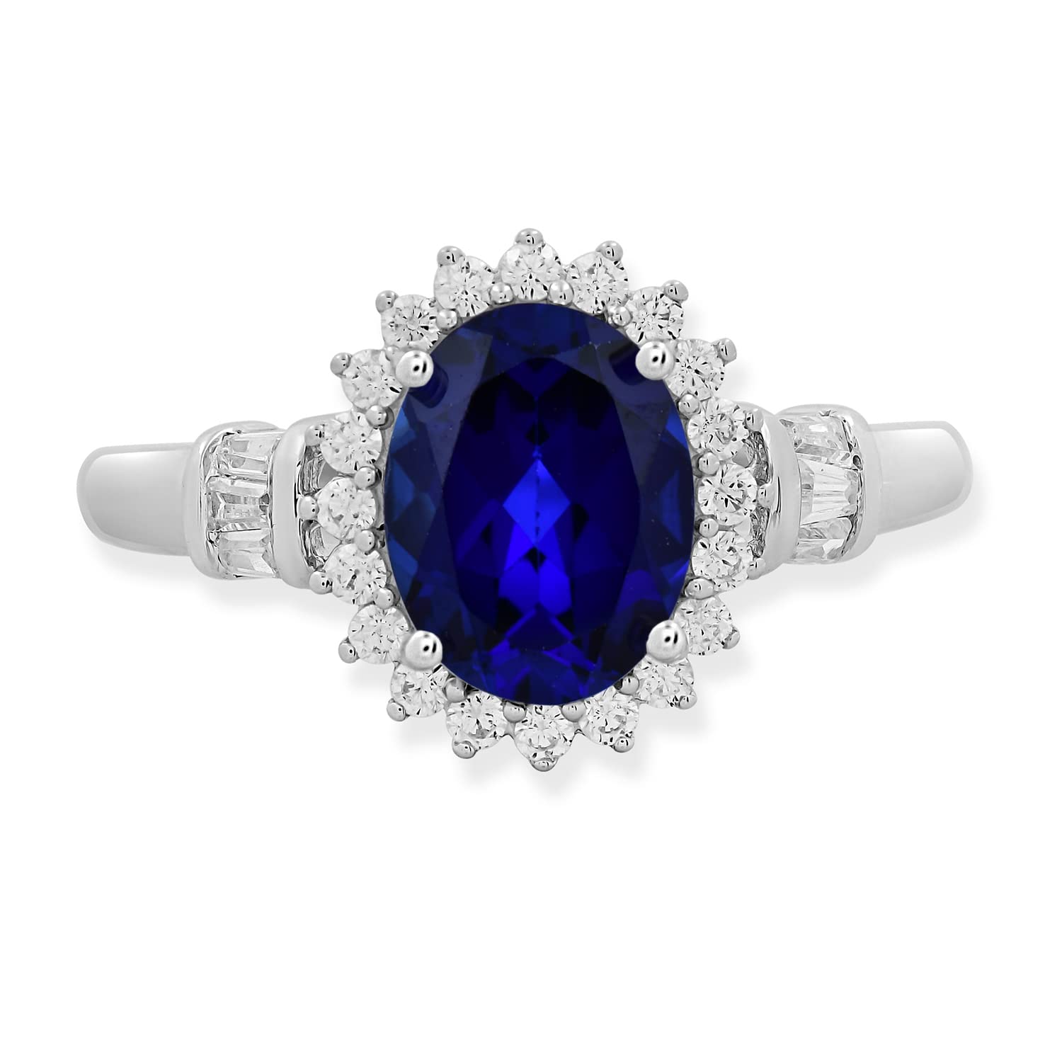 Jewelili Sterling Silver 9X7 MM Oval Created Blue Sapphire with Round and Baguette Created White Sapphire Halo Engagement Ring, Size 7