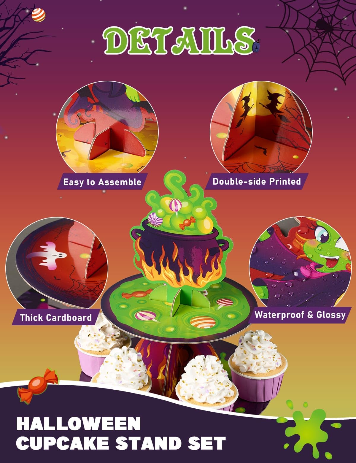 Halloween Cupcake Stand - 2 PCs Halloween Cake Stands Halloween Party Cupcake Decorations Disposable 3 Tier Tray Cake Decorations Kids Witch Halloween Birthday Dessert Tower Cupcake Display Stand