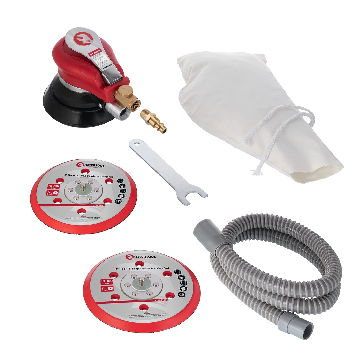 INTERTOOL Heavy Duty 6-inch Air Random Orbital Sander, Vacuum Ready, Pneumatic Palm Sander with Dual-Action, Swivel-Free Finish, Variable Speed for Automotive Body Shop, Woodworking, PT08-1007