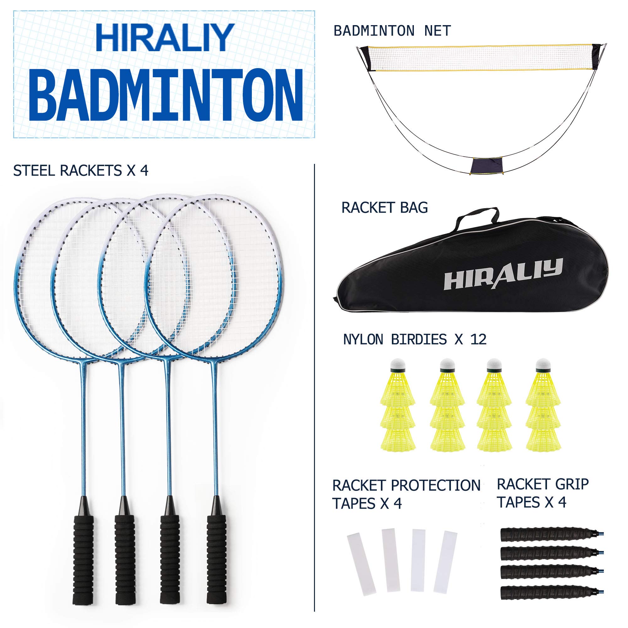 HIRALIY Complete Badminton Set, Badminton Rackets Set of 4 for Outdoor Backyard Games, Includes 1 Portable Badminton Net, 4 Rackets, 12 Plastic Shuttlecocks, 4 Replacement Grip Tapes and 1 Carry Bag