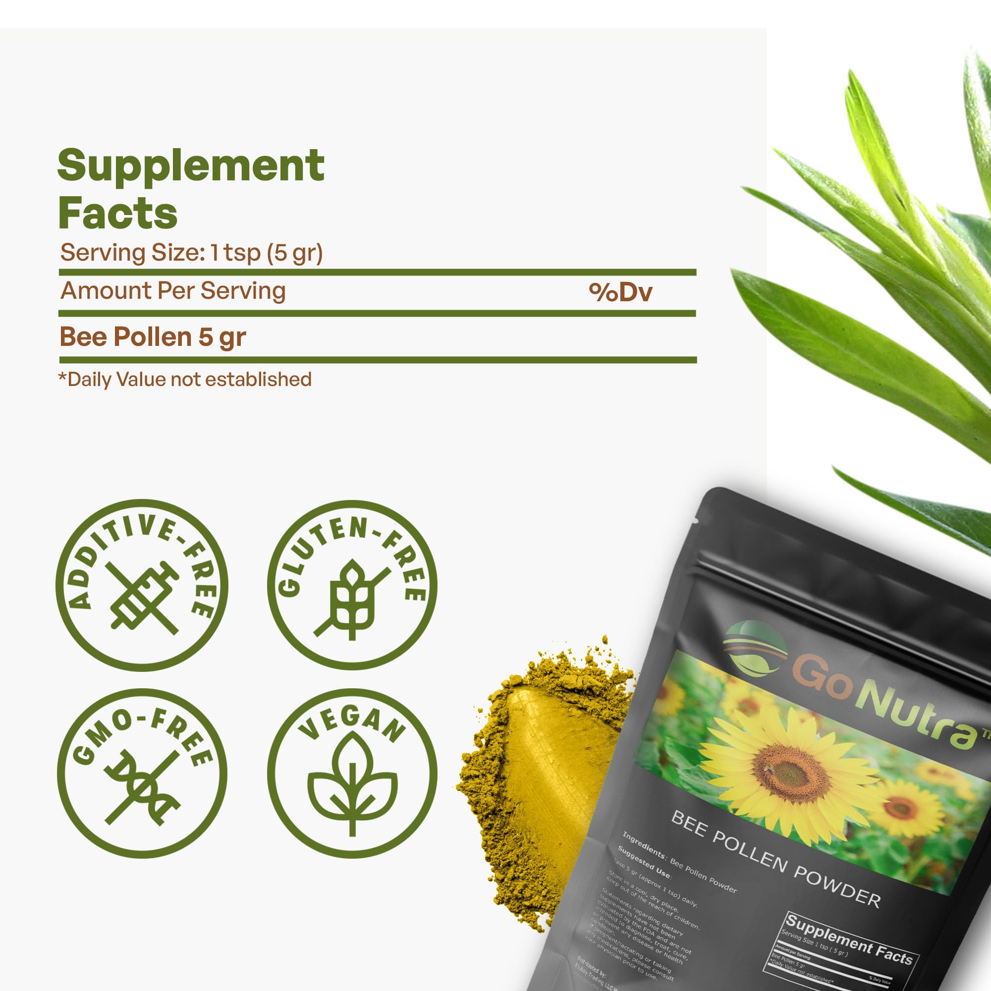 Go Nutra - Bee Pollen Powder, Pure Bee Pollen Powder, Bee Pollen Supplement for Humans, Dogs, Bearded Dragon, and More, Non-GMO, Gluten-Free, Vegan, 8 oz