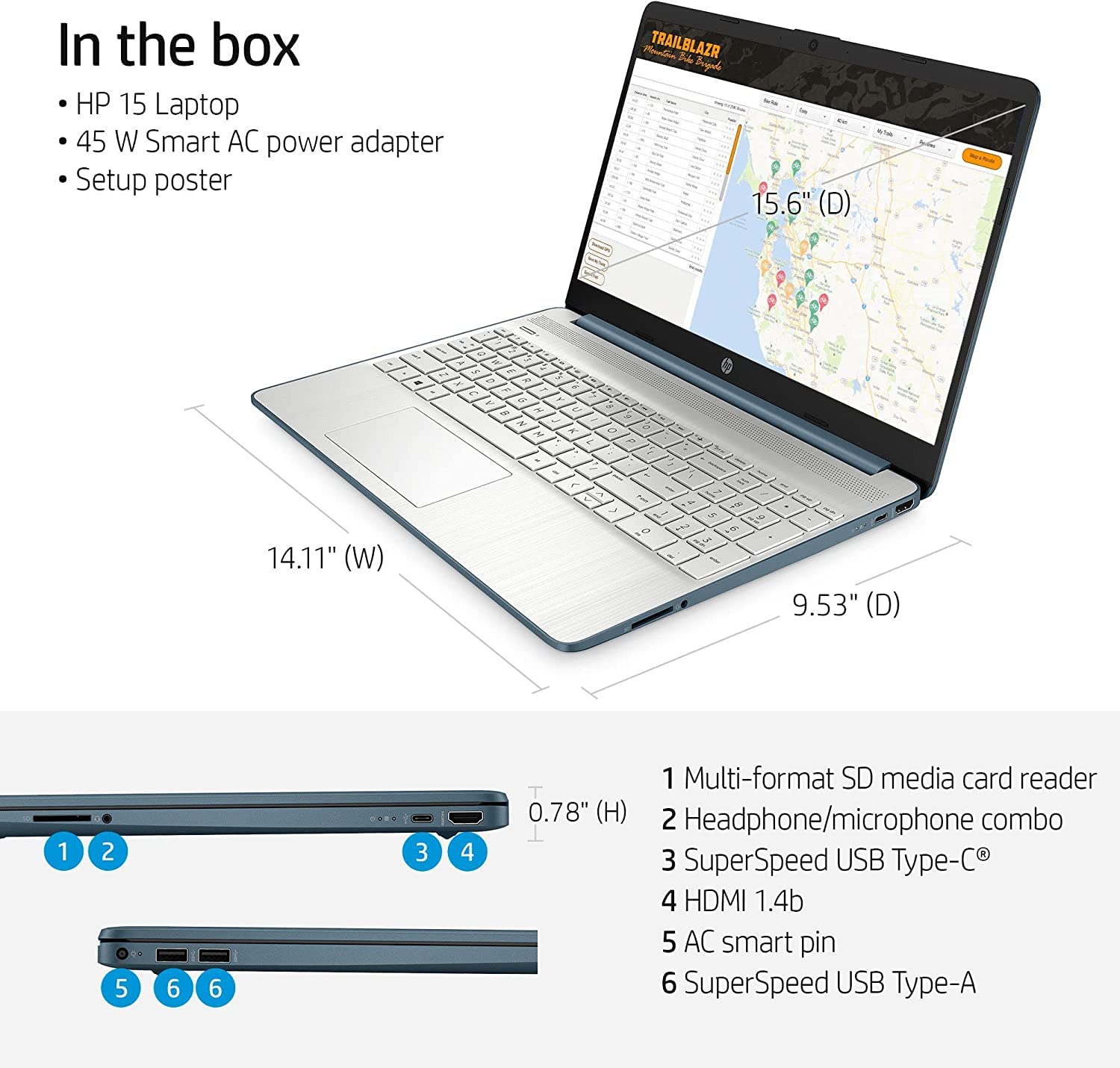 HP 15.6 Inch Laptop for College Students, School, Intel Core i3-1115G4, 16GB RAM, 1TB SSD, Windows 11 Pro, WiFi, HDMI, Webcam, SD Card Reader, Spruce Blue, PCM
