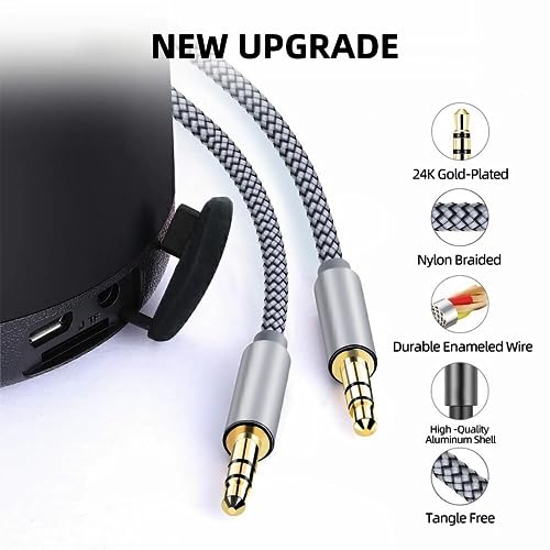 Henrety 3.5mm Nylon Braided Aux Cable (3.3ft/1m) - Male to Male Audio Auxiliary Cord for Headphones, Car, Home Stereos, Speaker, iPhone, iPad, iPod, Echo - Gray