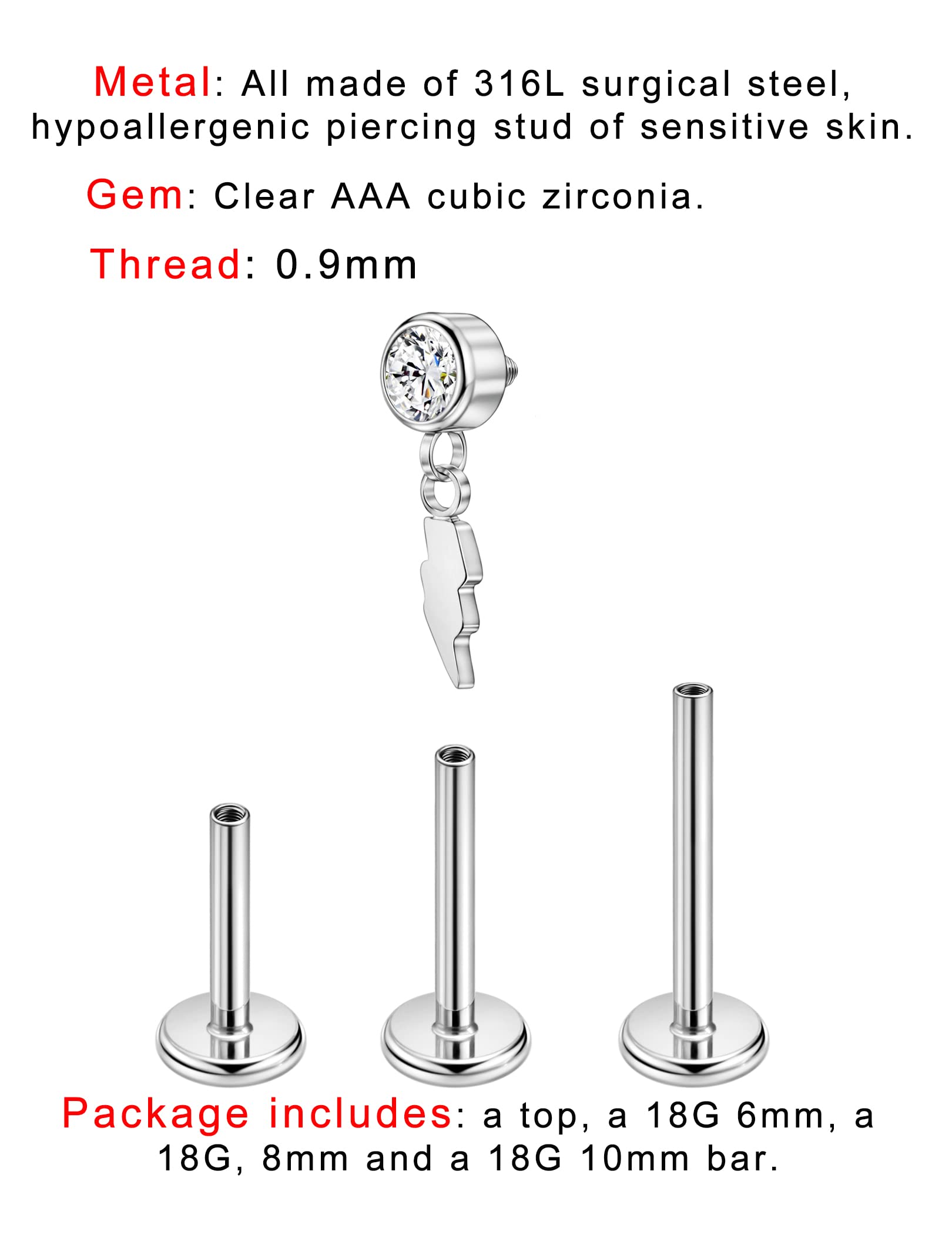 Lightning Dangle Earrings Stud Surgical Steel Silver Cartilage Earring Conch Piercing Jewelry Helix Earrings Tragus Earrings Clear CZ End with 18g 6mm 8mm 10mm Internally Threaded Posts
