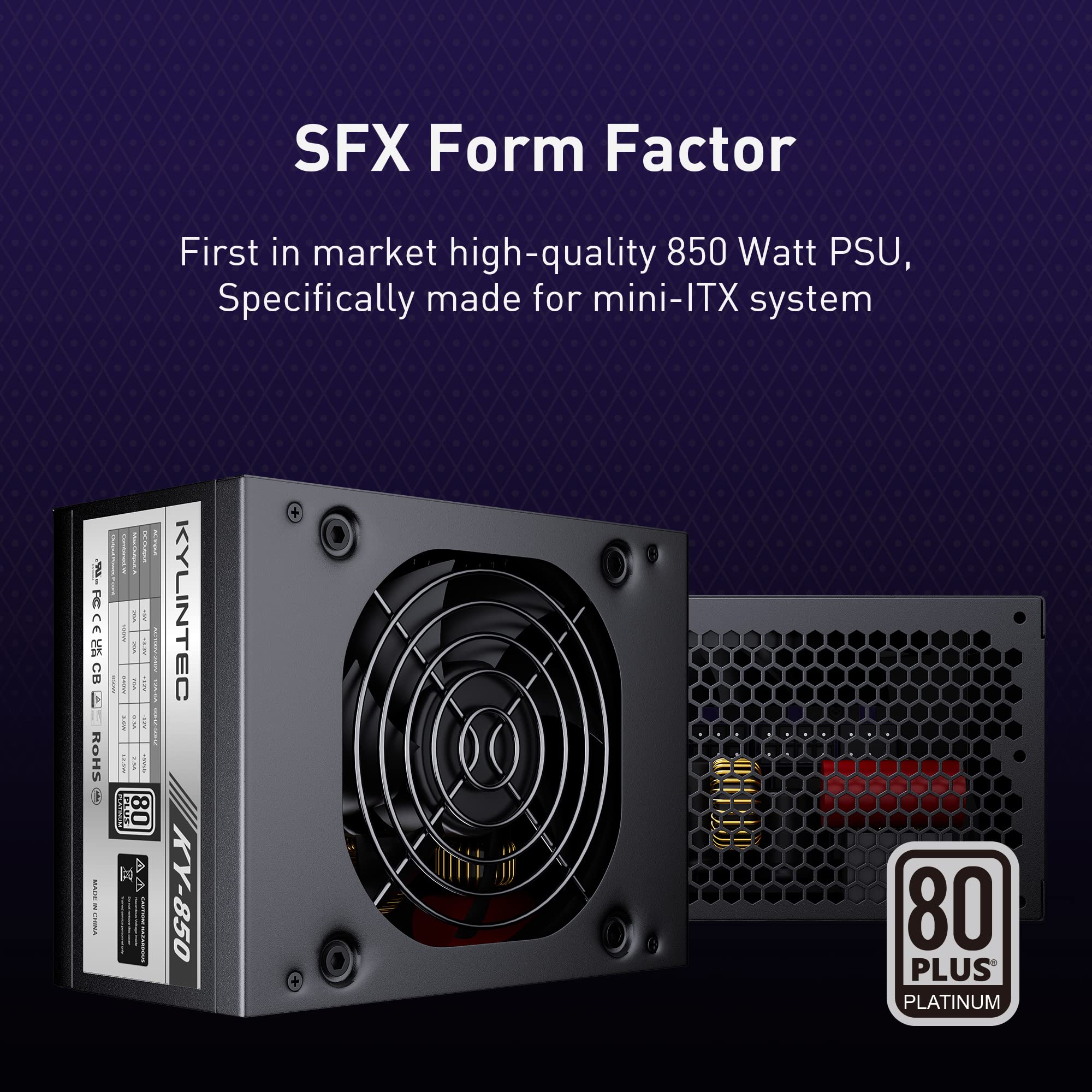 KYLINTEC SFX850 850W SFX Power Supply Fully Modular 80 Plus Platinum PSU with Improved Hydraulic 80mm Fan and Japanese Capacitors.