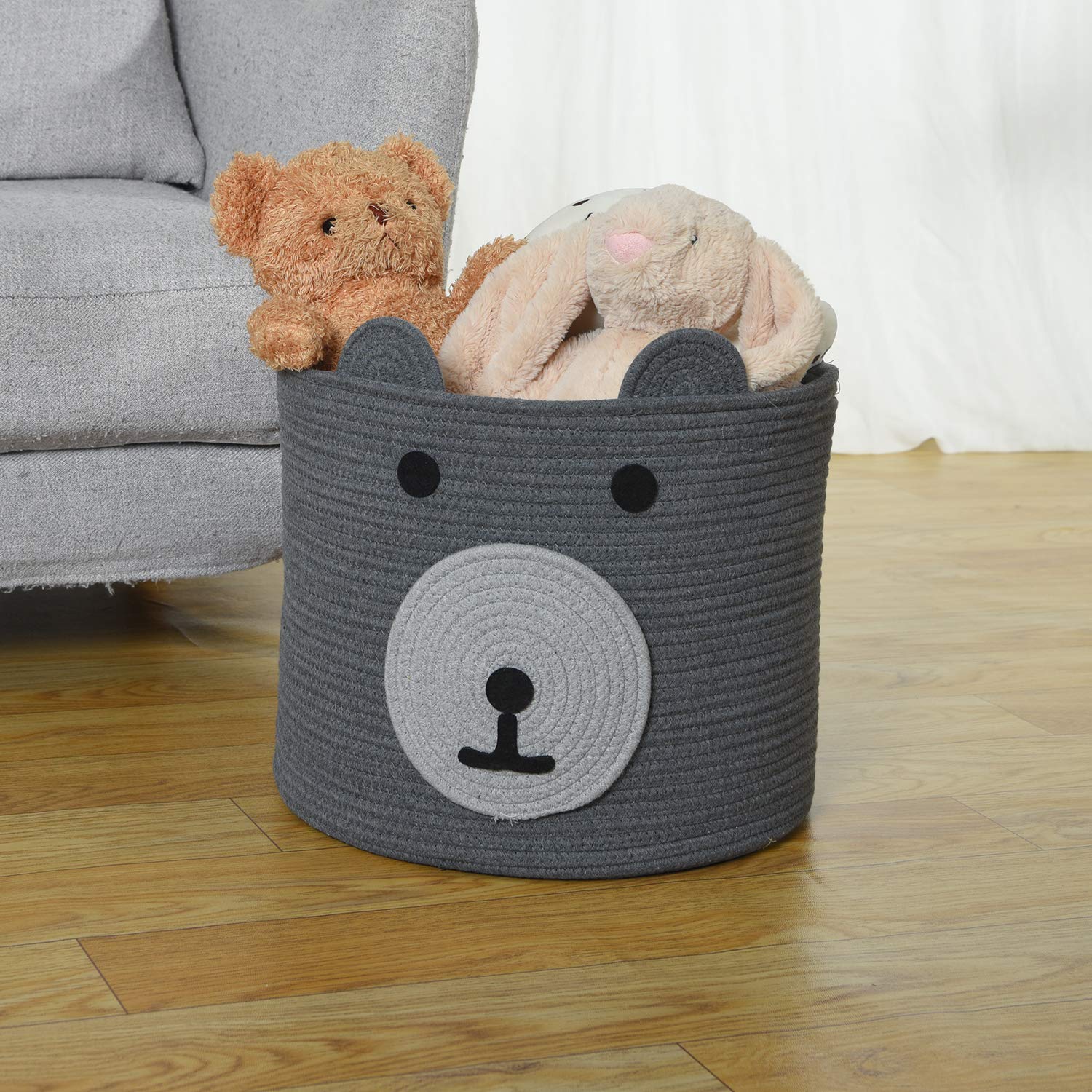 InfiBay Baby Toy Storage, Cotton Rope Storage Basket with Bear Design, Toy Storage Bin with Handles, Woven Laundry Hamper, Baby Nursery Organizer for Toys, Blanket, Clothes, Towels, 12β(D) x 11β(H)