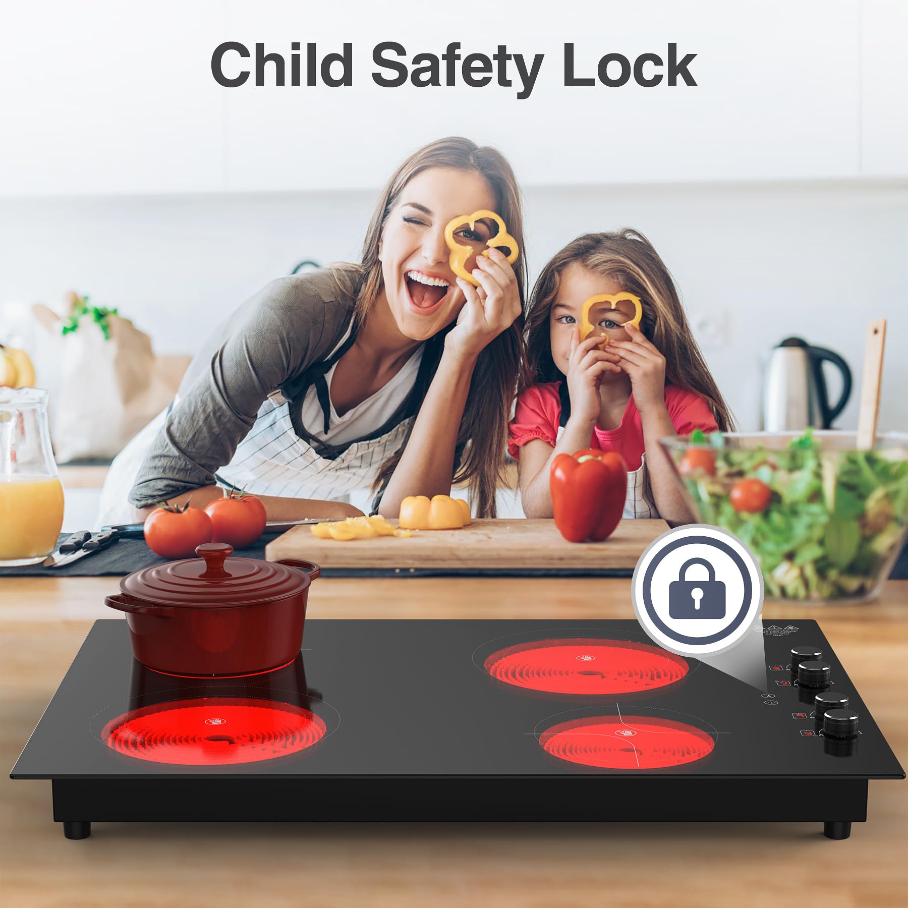 GIHETKUT Electric Cooktop, Hot Plate Electric Control by Knob, Built-in 4 Burners Electric Stove Top with 9 Power Levels, Child Safety Lock & 99mins Timer, 220-240V, 7200W