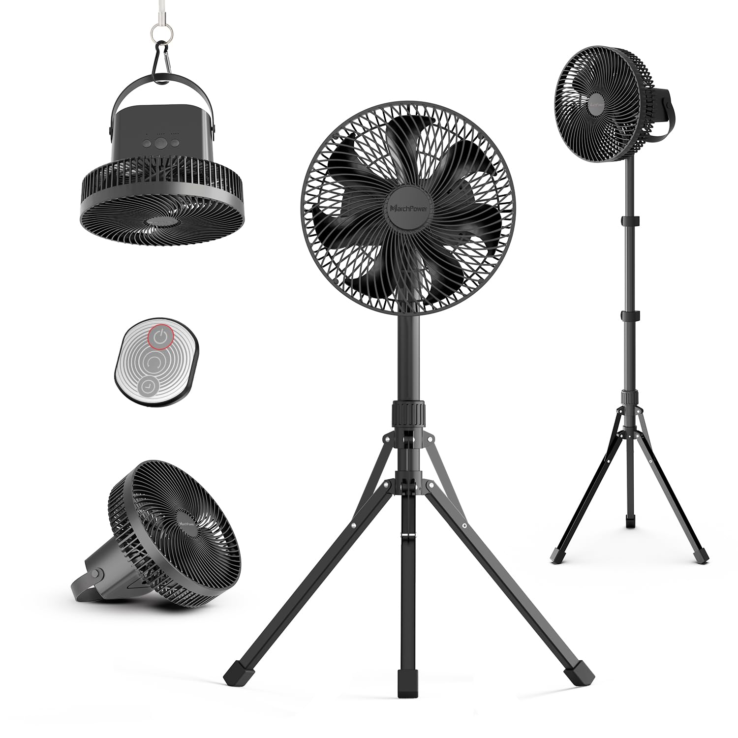 Marchpower Portable Pedestal Fan with Remote 12" Rechargeable Collapsible Fan Osciallating Foldable Floor Fan with Timer, Cordless Foldaway 5-Speed Telescopic Table Fan for Home Trave Picnic Camping