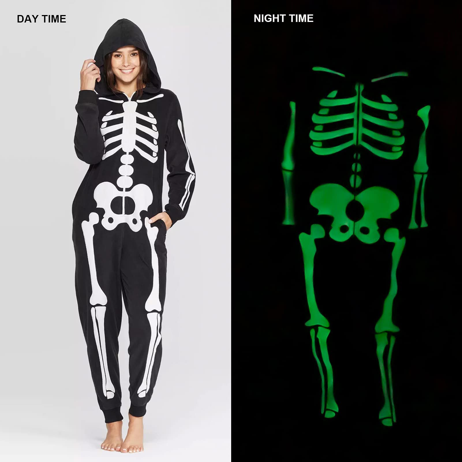 Halloween Matching Family Sets Womens Glowing Skeleton Costumes Hooded Jumpsuit for Ladies Small