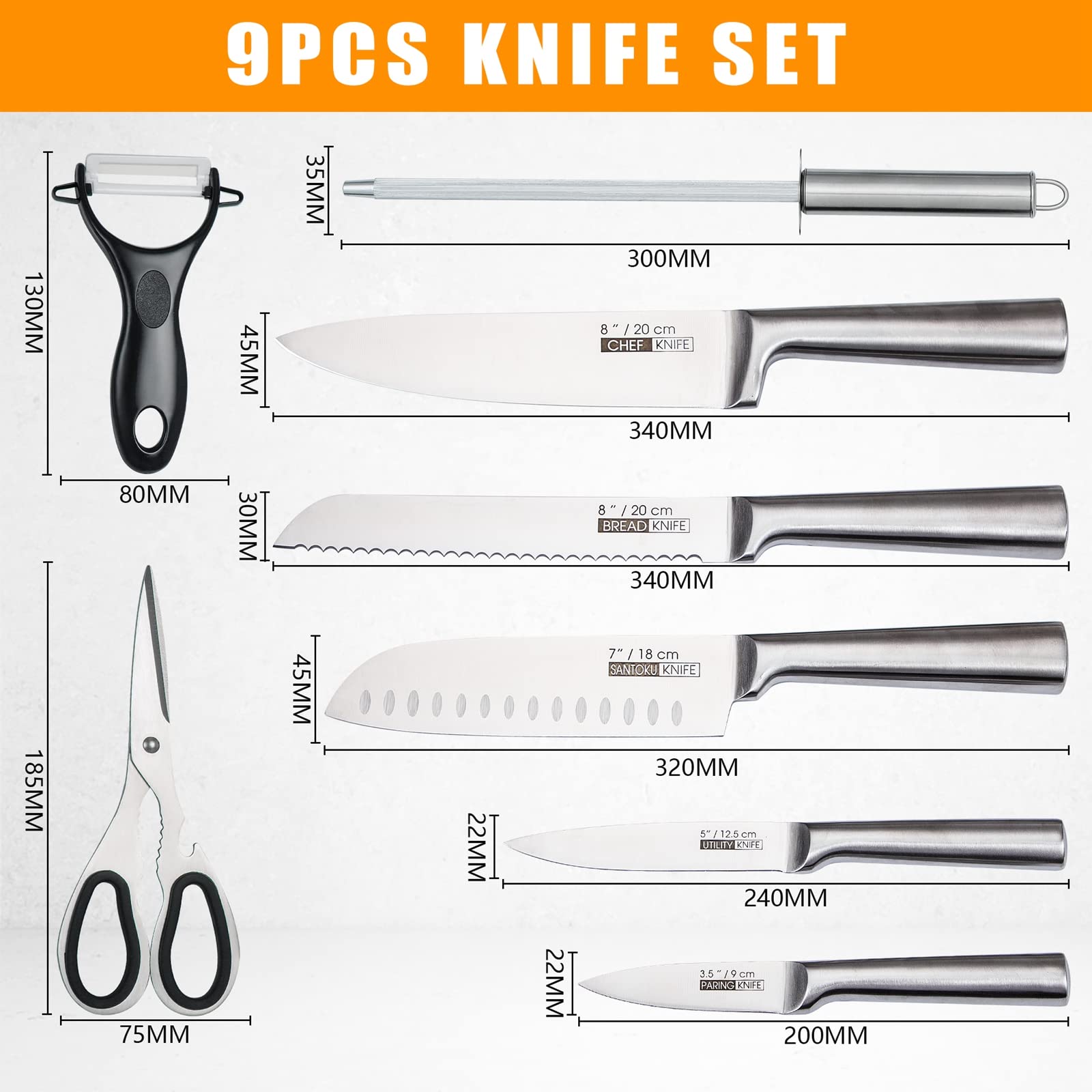 Knife Set, Professional Stainless Steel Chef Knife Set of 9 with Rotatable Acrylic Stand for Kitchen, Ergonomic Ultra Sharp Non-Stick Kitchen Knife set with Gift Box for Women Gifts (Silver)