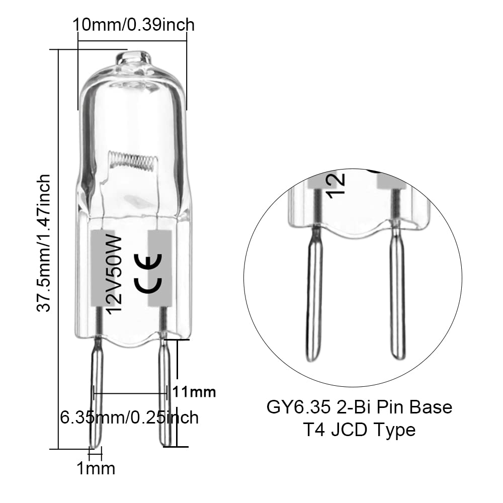 haraqi 12 Pack GY6.35 Halogen Bulbs Bi-Pin 12 Volt 50 Watt, Replacement T4 Tubular JCD Type Bulbs for Ceiling Lights,Table Light,Cabinet Lights