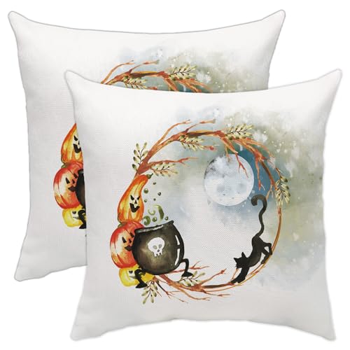 Halloween Moon Pillow Covers Cute Ghost Pumpkin Moon Couch Decorative Washable Soft Linen Pillow Covers Pack of 2 Living Room Bedroom Dorm,White,18x18 Inch