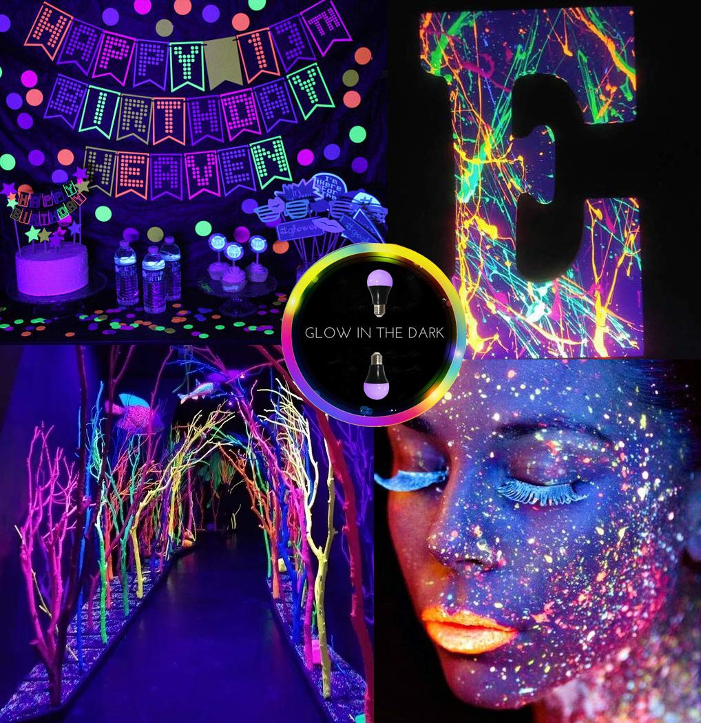GREENIC UV Led Black Light Bulb 2 Pack, 8W (60W Equivalent) A19 E26 Blacklight Bulb UVA Level 385-400nm, Glow in Dark for Body Paint Club Party Neon Posters