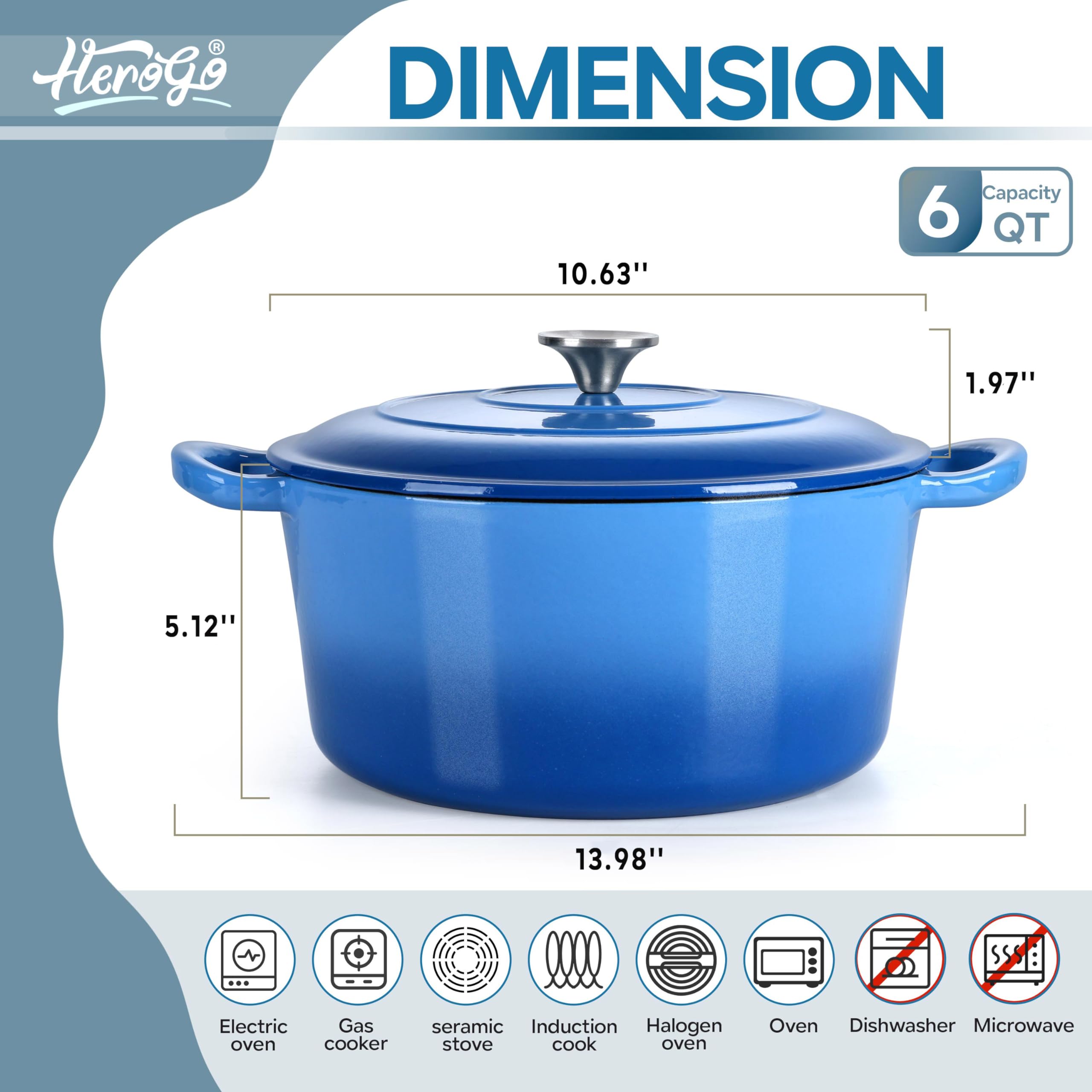 Herogo 6 Quart Enameled Cast Iron Dutch Oven with Lid, Round Dutch Oven Pot with Dual Handles for Bread Baking Stewing Roasting Blue