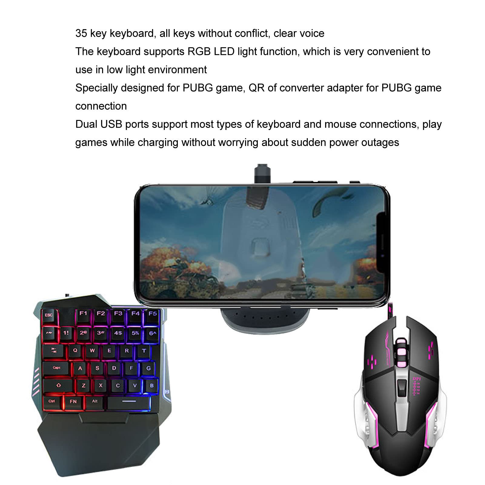 One Handed Gaming Keyboard Mouse Combo, 35 Keys Wired RGB Backlit Keyboard, 6 Keys Gaming Mouse, Dual USB Keyboard Mouse Set with Converter and Bracket