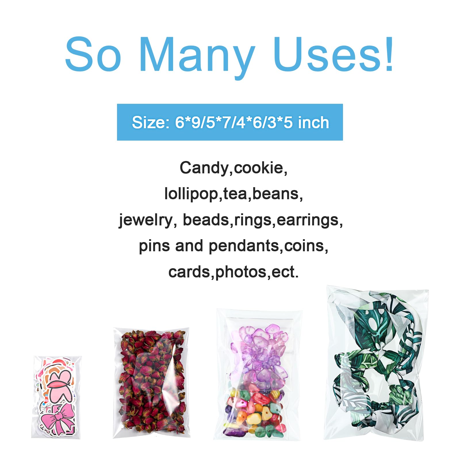 Geyoga 240 Pieces 4 Size Clear Plastic Cello Bag Resealable Self Sealing Cellophane Bag for Candy Cookies Decorative Wrapper (3 x 5 Inch, 4 x 6 Inch, 5 x 7 Inch, 6 x 9 Inch)