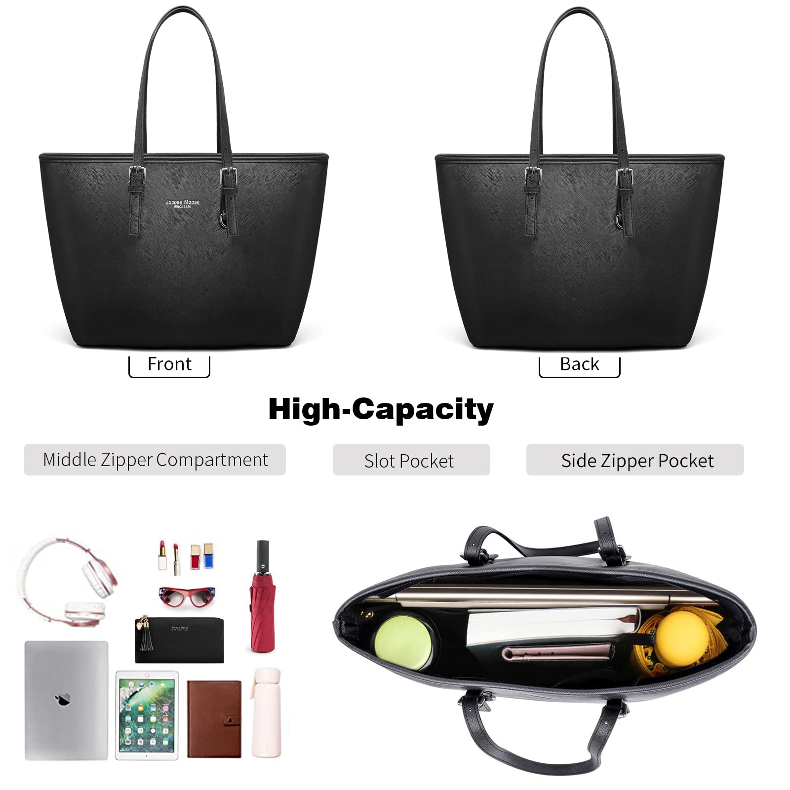 Jocose Moose Handbags for Women Wallet Tote Bag Shoulder Bag Top Handle Satchel Purse Set 3pcs(Black)