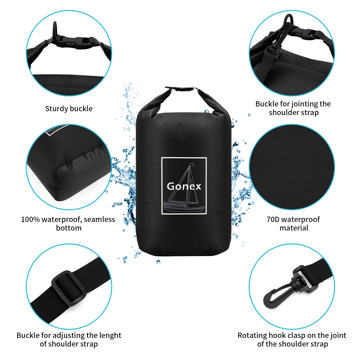 Gonex 4L+8L+12L Waterproof Dry Bag Floating Roll-Top Compression Dry Sack Stuff Sack Storage Bags for Kayaking Boating Canoeing Swimming Water Sports with a Phone Pouch & Shoulder Strap Black