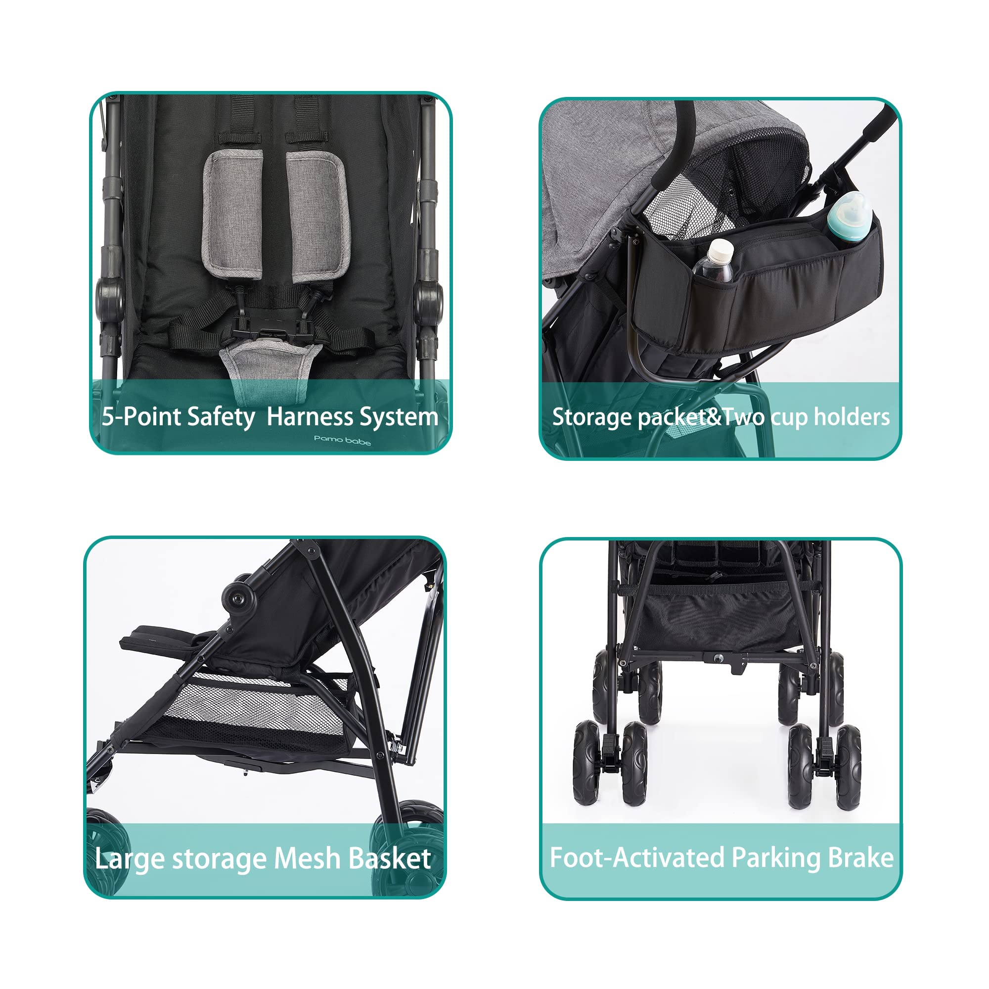 Pamo babe Travel Baby Stroller, Lightweight Umbrella Stroller with Oversized Canopy, Extra-Large Storage and Compact Fold Grey