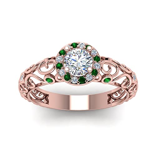 Jewelryonclick Dome Filigree Halo Diamond Ring rose gold plated Created Emerald Round shape Green color Vintage Engagement Rings bezel Setting in Size 4 Handcraft Chakra Healing