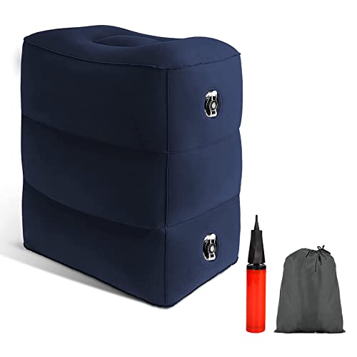 Inflatable Travel Foot Rest Pillow Portable Three Height Layers Adjustable Foot Stool Pillow for Kids & Adults on Plane,Car,Train,Office use Inflatable Foot Rest (Blue)
