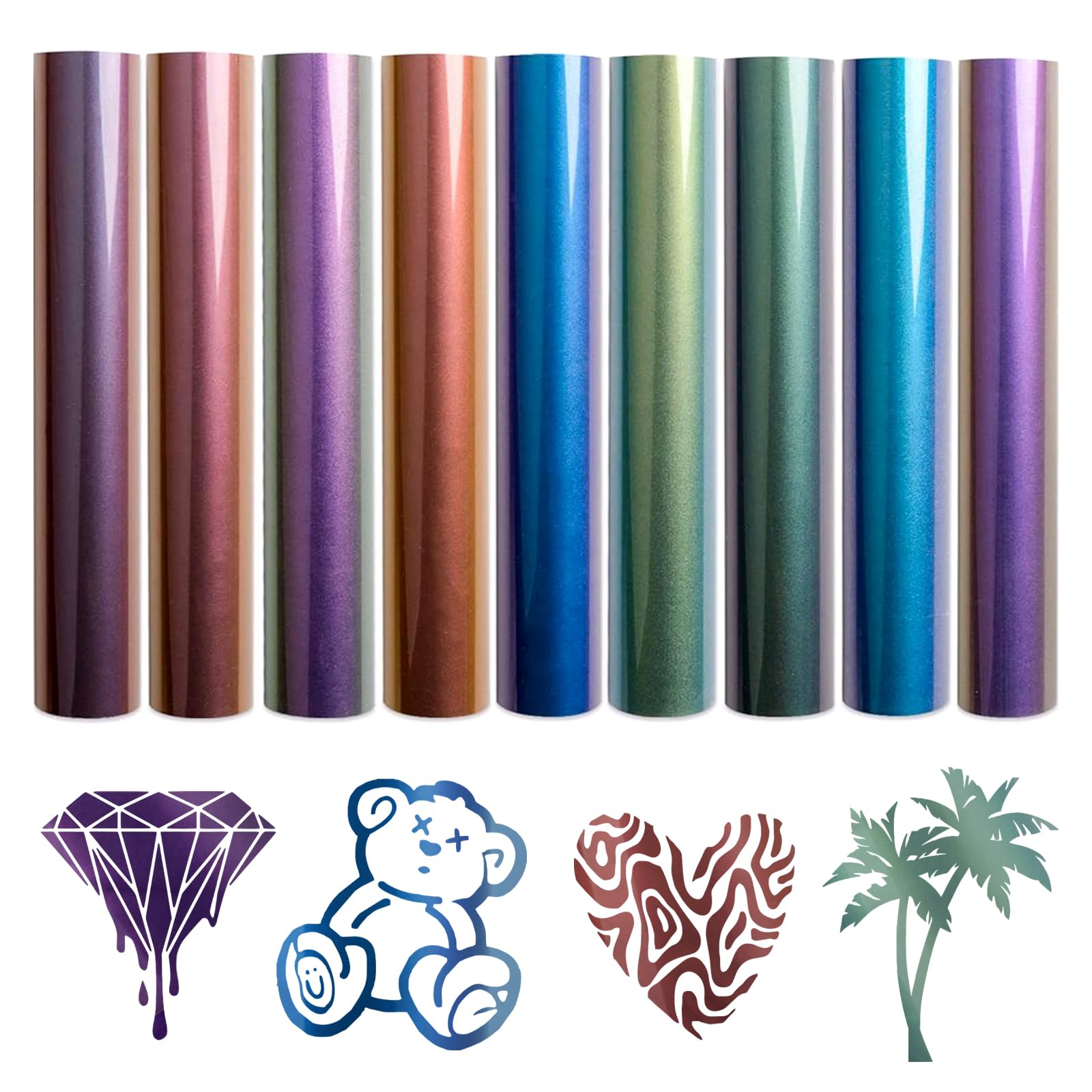HTV Chameleon Heat Transfer Vinyl Bundle 9 Packs 12"x10" Iron On Vinyl for T-Shirt 9 Assorted Chameleon Gradient Change Color PU HTV Sheet, DIY Design for T-Shirt