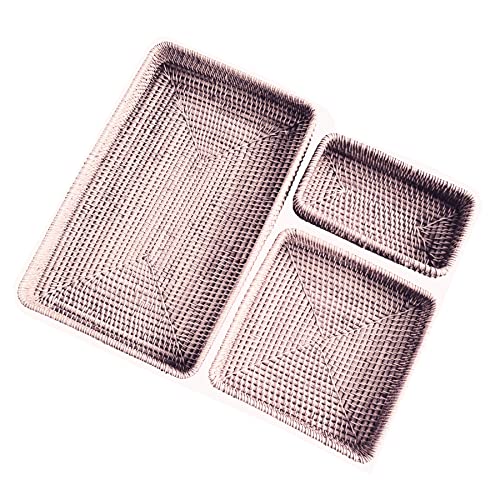 Set of 3 Handmade White Rattan Rectangle Serving Tray Washed White Wicker Serving Organizer Tabletop Fruit Platter with 2”Wall 14 Inch Decorative Bread Drinks Snack Storage Serving Basket Tray