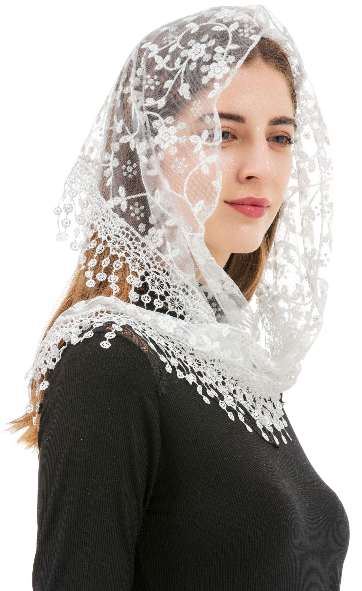 PAMOR Triangle Lace Veil Mantilla Cathedral Head Covering Chapel Veil for Mass Wedding Bridesmaids (White)