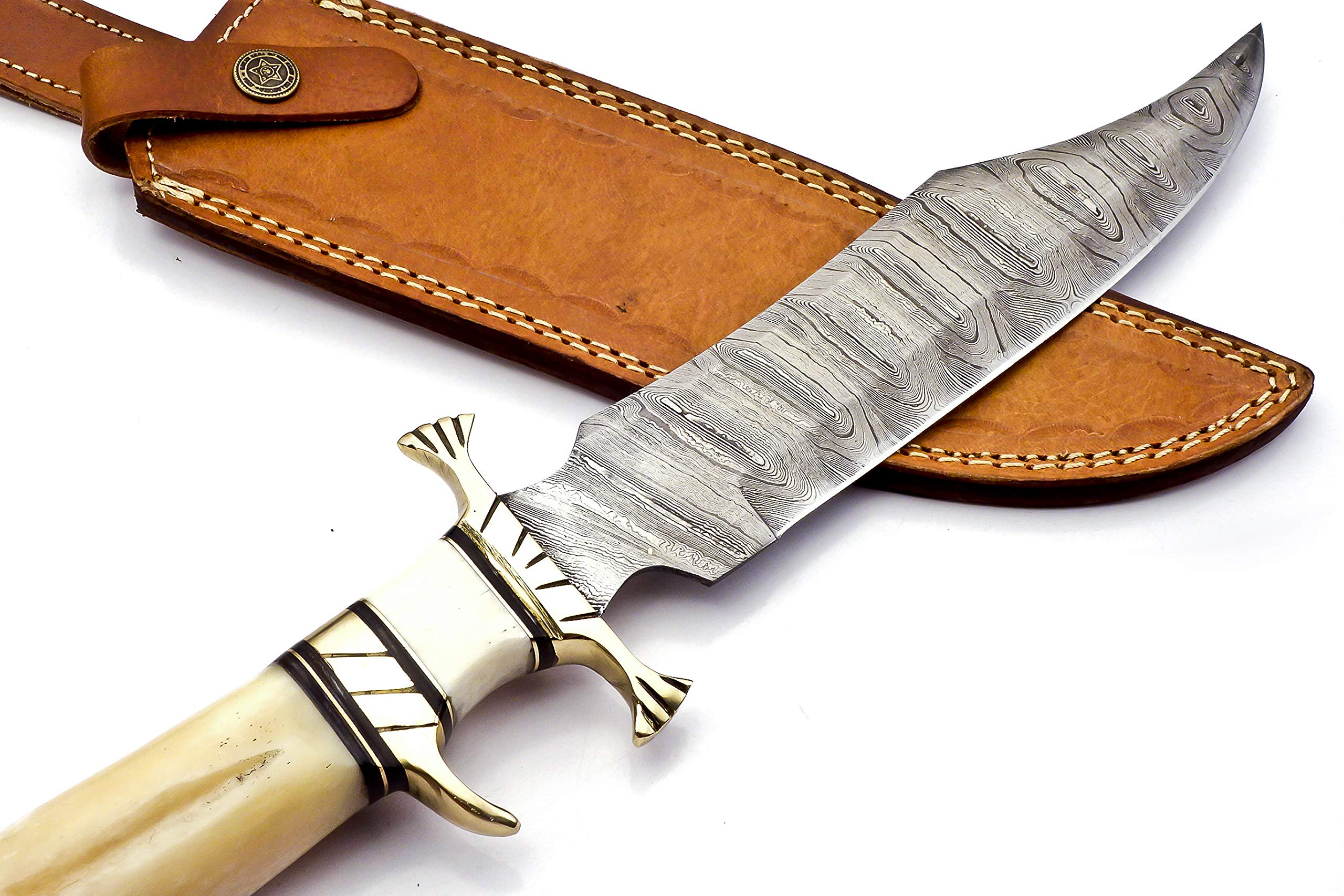 HandSmith™ 15" Handmade Damascus Steel Hunting Knife, Hand Forged Damascus Steel Fixed Blade Bowie Knife, Genuine Leather Sheath, Camel Bone Handle Firm Grip (White)