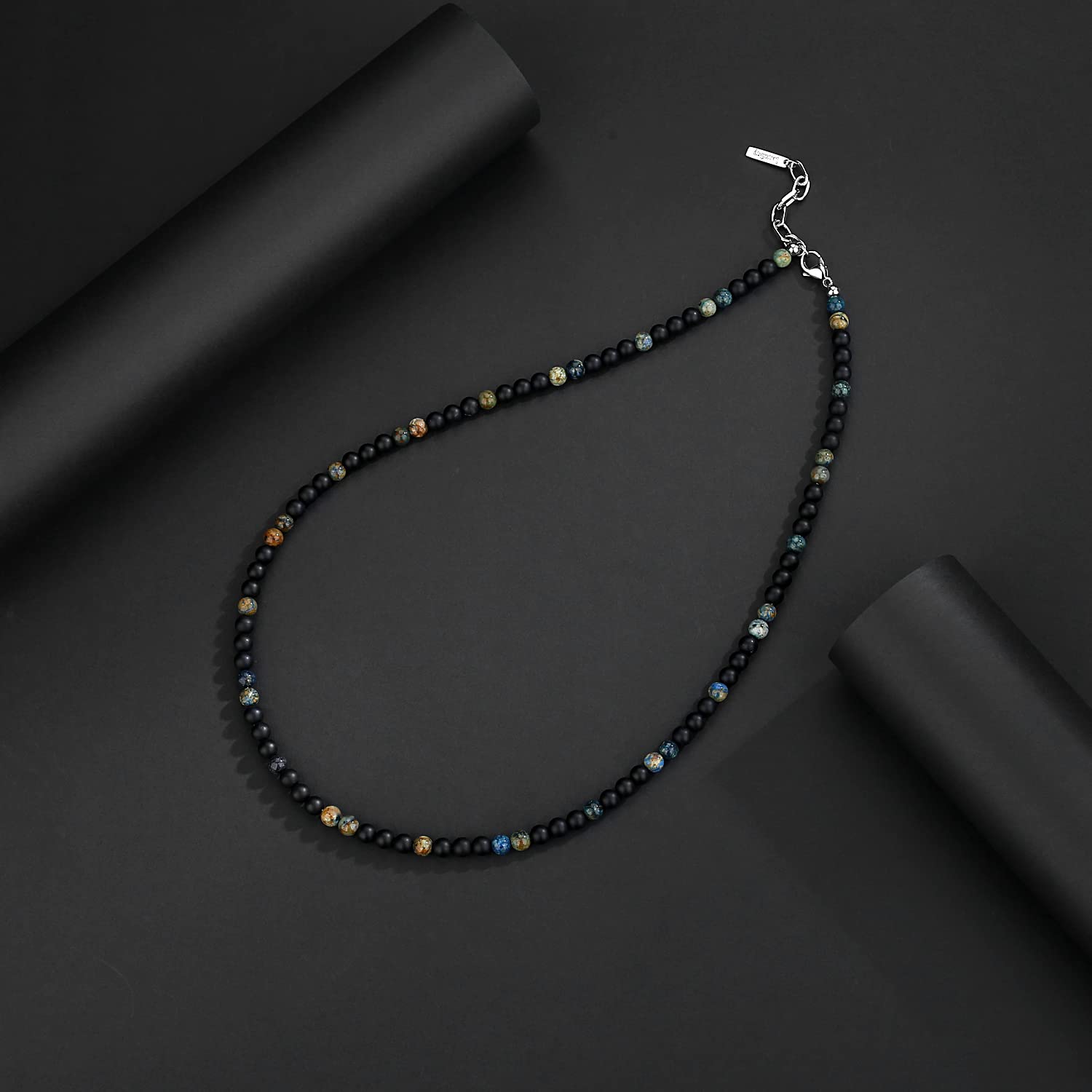 LuxSep Minimalist Style Natural 6mm Azurite and Onyx Beaded Necklace 20β
