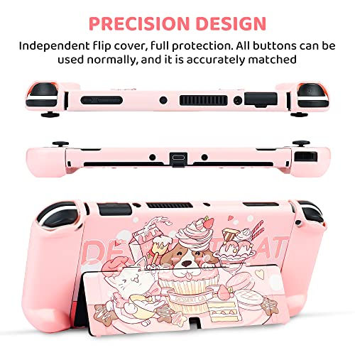 Improved - FANPL Cute Case for Nintendo Switch OLED, Pink PC Protective Cover for Switch OLED Console and Joy Con, Kawaii Skin with Thumb Cap & Screen Protector, Accessory for Girl - Dessert Cat & Dog