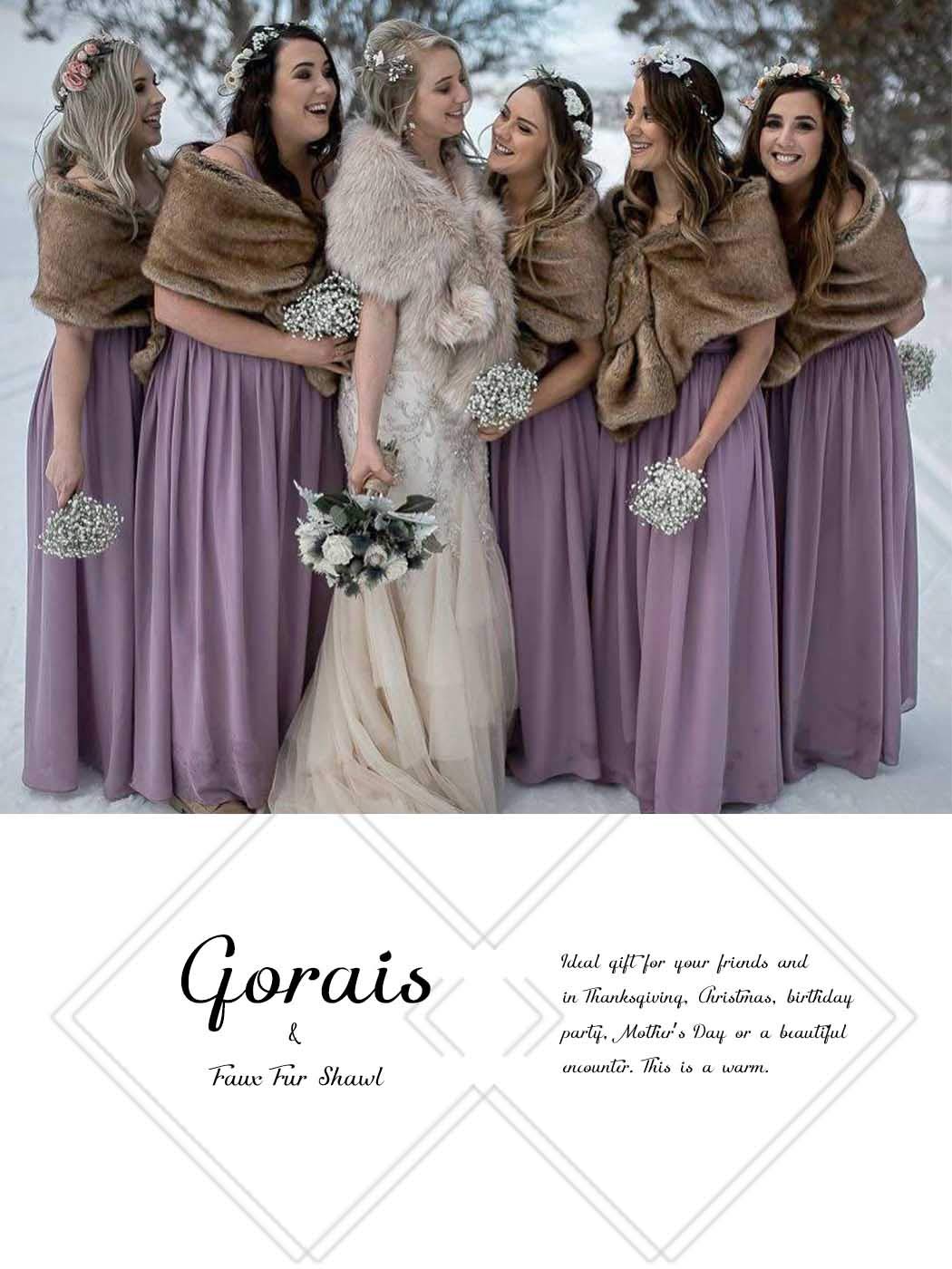 GORAIS Women's Wedding Faux Fur Shawls and Wraps Bridal Fur Scarf Stoles with Brooch for Bride and Bridesmaids (US 4-14(S-M), A Brown)