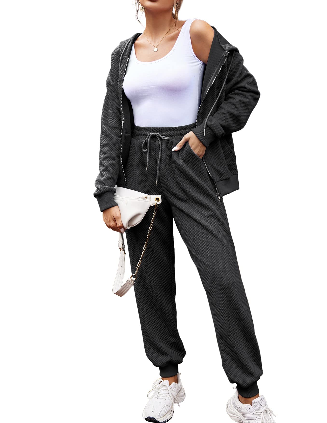 HOTOUCH Hoodie Sweatsuits for Women Set Tracksuit Set with Pockets Zip-up Jogging Lounge Set,Dark Gray L