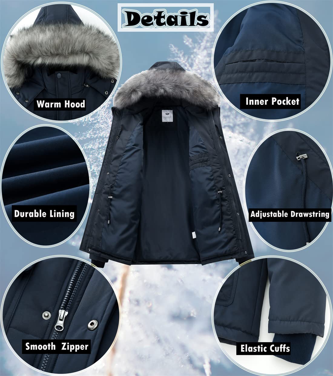 GGleaf Men's Winter Parka Jacket Hooded Thickened Padded Heavyweight Warm Coat with Detachable Fur Hood Navy XL