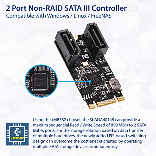 I/O CREST M.2 22x42 to SATA III 2 Ports Adapter Card (Jmicro Chipset), Add Two SATA 3.0 Devices to Any M.2 2242 Slot