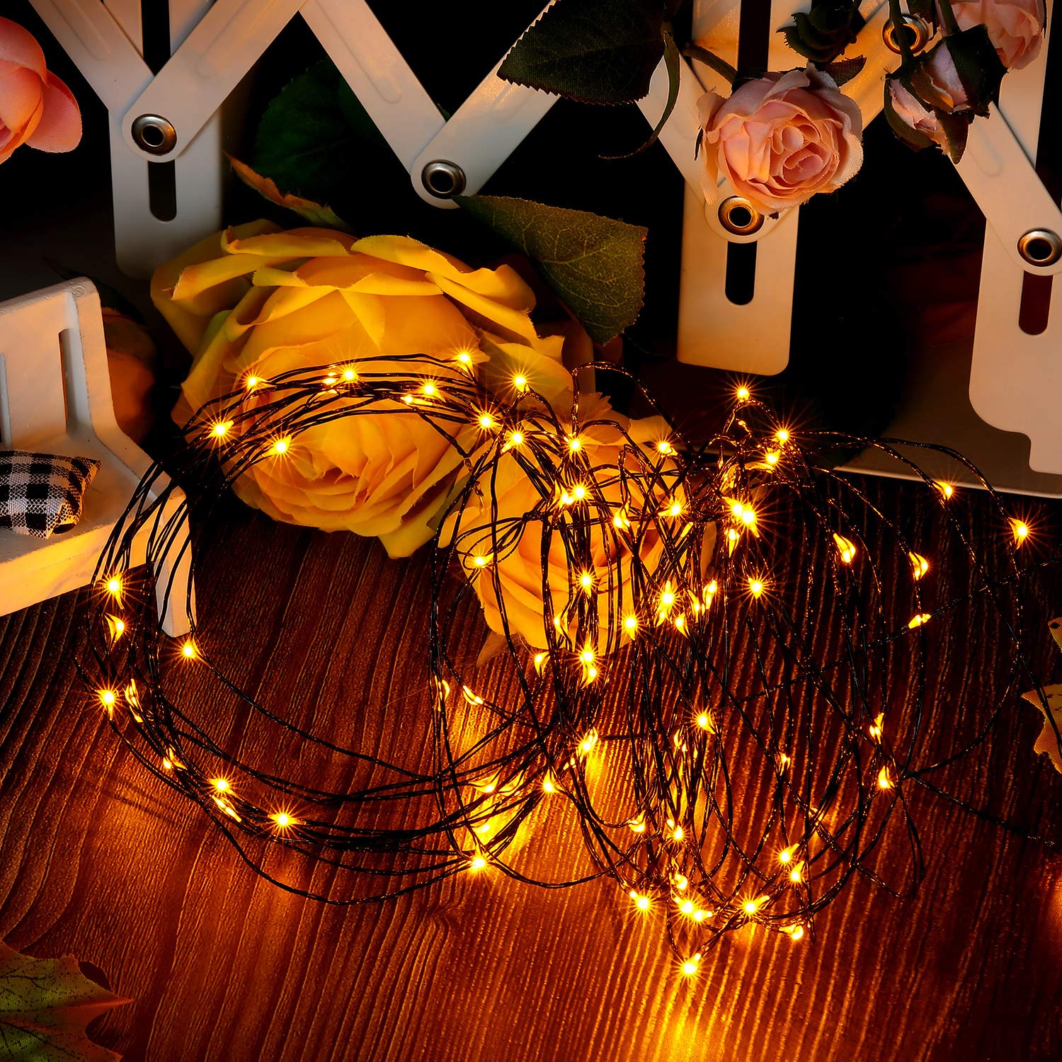Halloween Yellow Starry Lights,33ft 100 LED Waterproof Silver Wire String Orange Light with USB and 8 Modes Remote Control Time for Halloween Christmas Decor