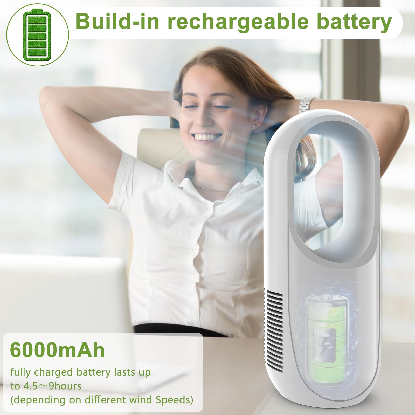 Liufige Desk Fan Bladeless，quiet small desk fan 6000mAh Battery Operated with 6 Modes,LED Display,13.8-Inch Table Fans for Bedroom Home Office Outdoor