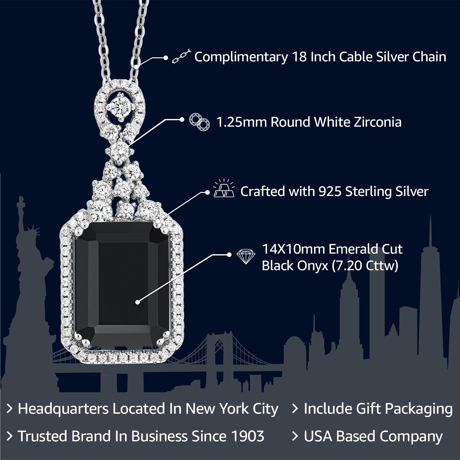 Gem Stone King 925 Sterling Silver Black Onyx Pendant Necklace For Women (7.20 Cttw, Gemstone Birthstone, Emerald Cut 14X10MM, with 18 Inch Silver Chain)