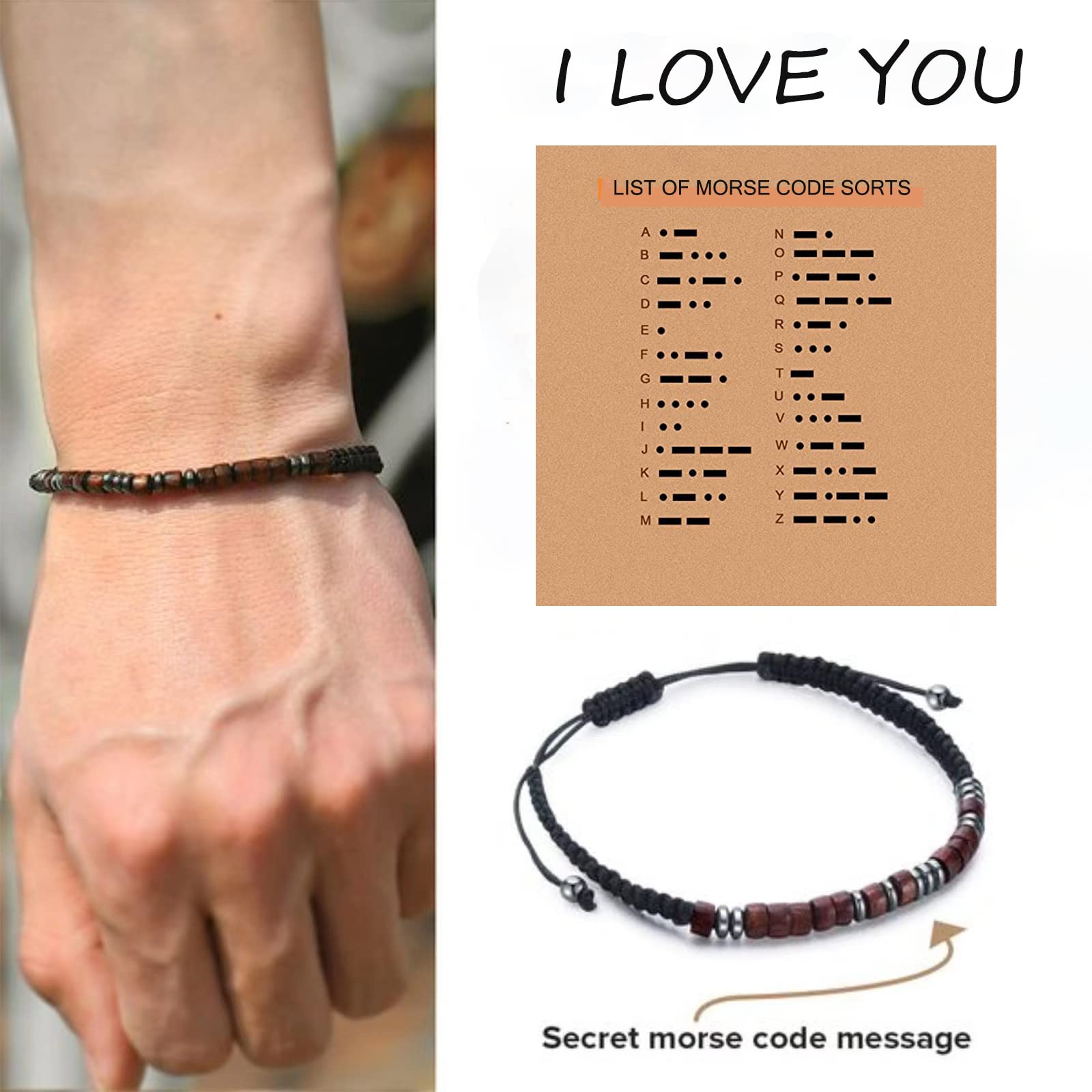 JOGHPOLLP Couples Bracelets Morse Code Bracelets for Women Men, Inspirational Valentines Day Gift for Couple Boyfriend Girlfriend Him Her Adjustable Bracelets with Black Hematite Beads