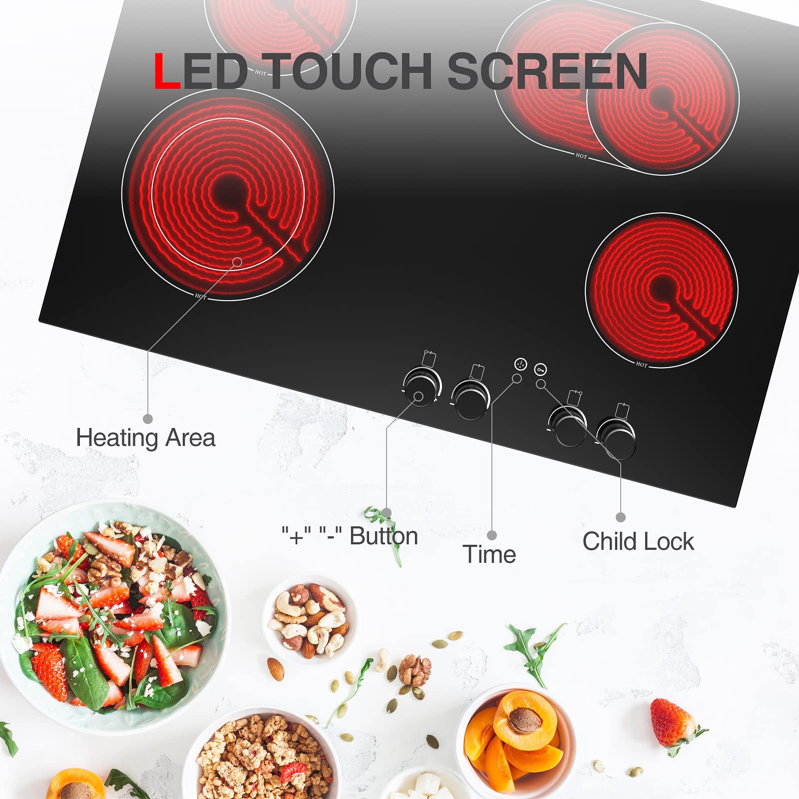 GTKZW Electric Cooktop 30 Inch, 6800W Ceramic Electric Stove Top with 4 Burners 220v, Knob Control, 9 Heating Levels, Kids Lock & Timer, Hot Surface Indicator, Hardwired, no Plug
