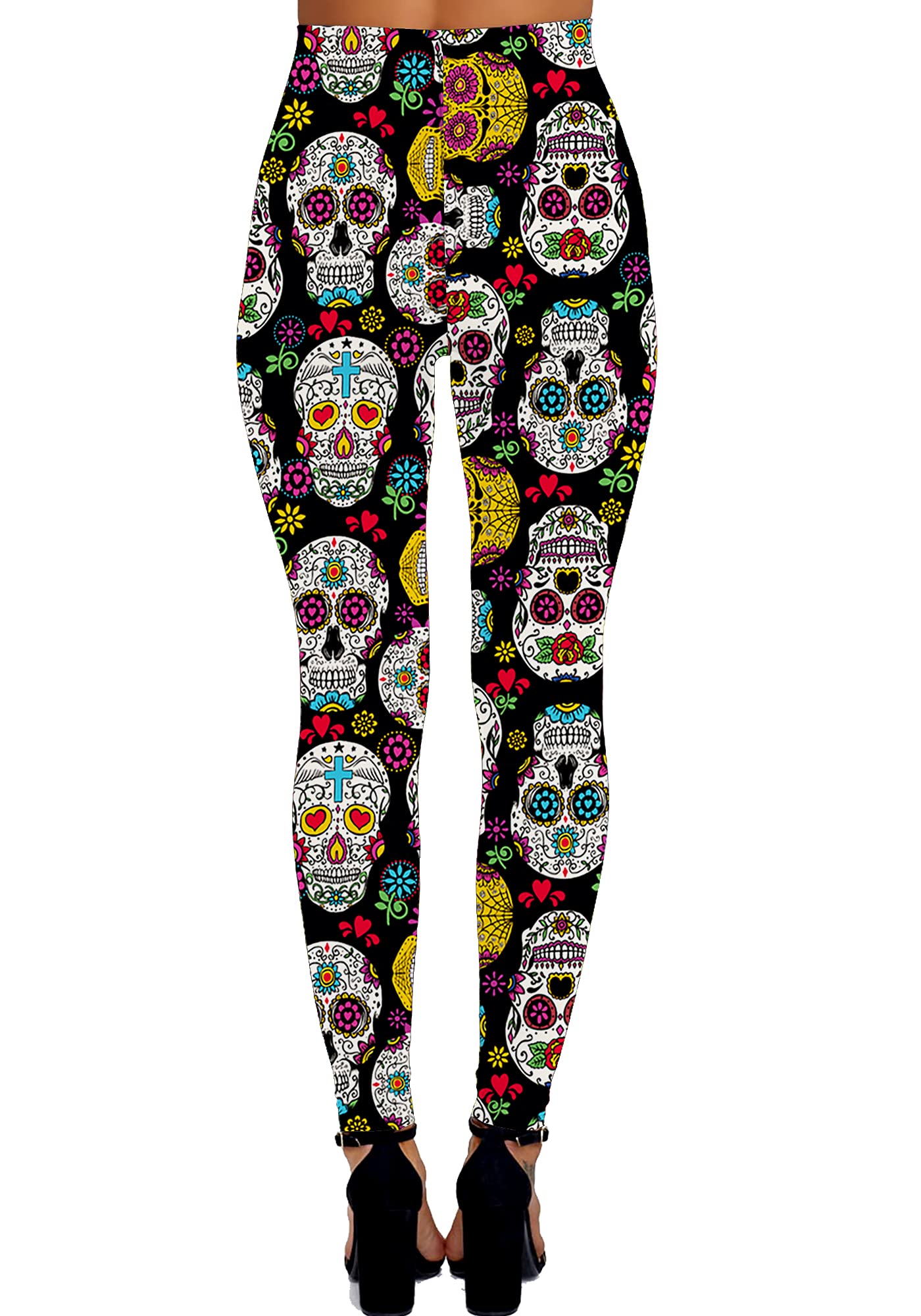 Halloween Womens Leggings Day of The Dead Sugar Skull Printed Stretchy High Waist Pants S