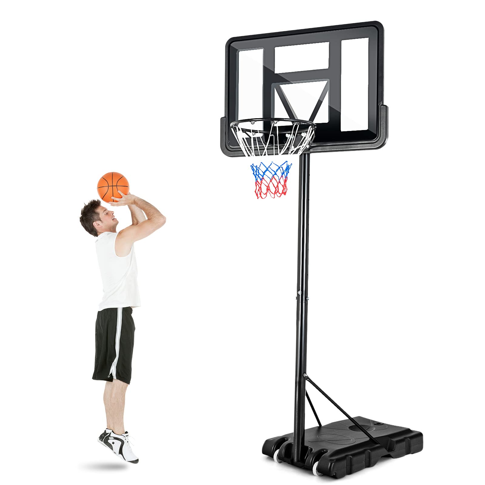 GYMAX Basketball Hoop Outdoor, 4.25 Ft to 10Ft Adjustable Basketball Goal with 44ββ Backboard & 18ββ Basket, All Weather Portable Basketball Stand w/Wheels, for Kids Youth Adult, Indoor Gym, Driveway