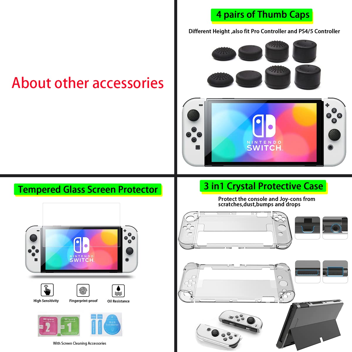 KAXIMEII Carrying Case for Nintendo Switch OLED,8 in 1 Switch OLED Accessories Bundle with Thumb Cap, Crystal Protective Case for Console & J-Con,Screen Protector,Hard Material Storage Bag,-Black