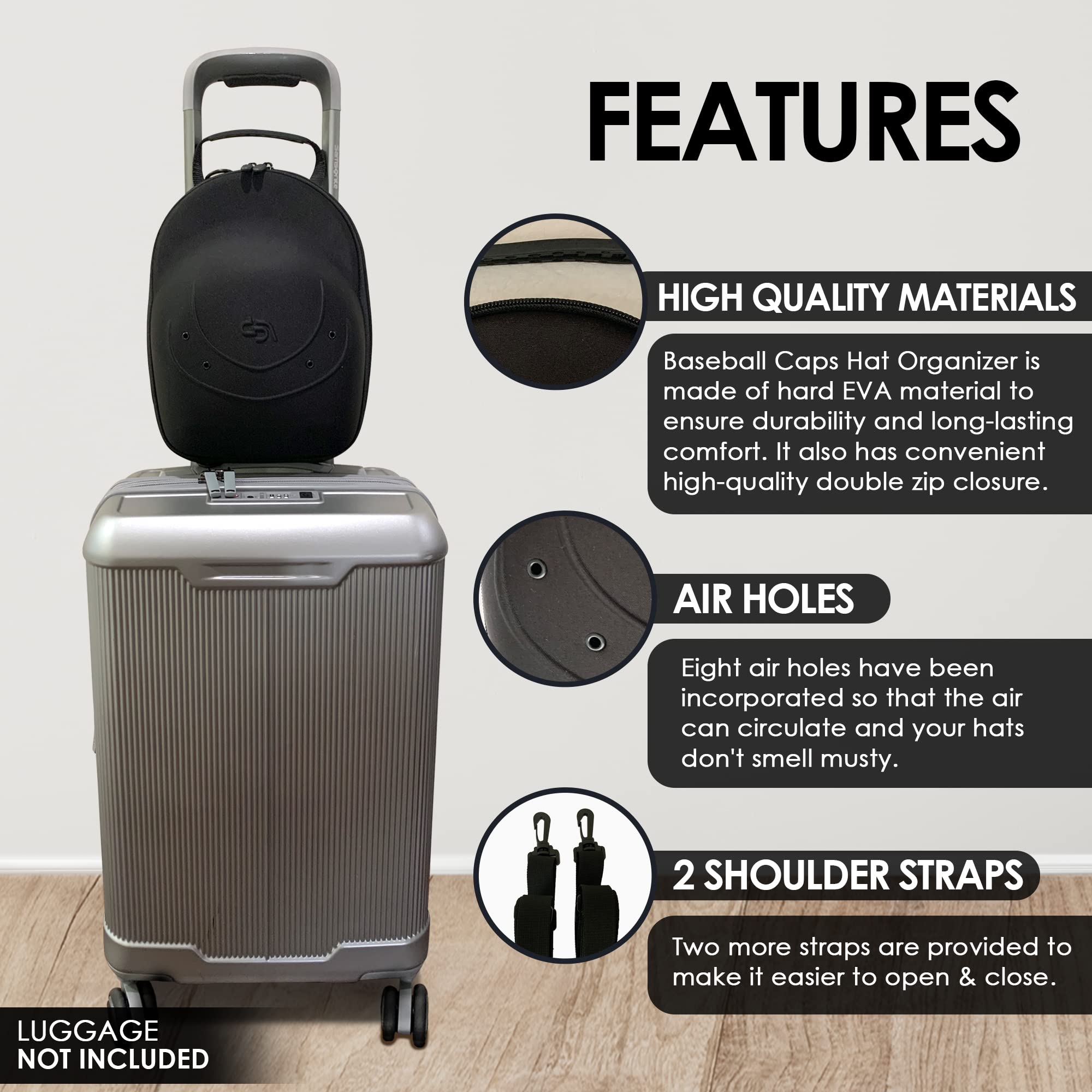 Legrand Products Hat Travel Case (Cap Carrier 1-5), Organizer, Hat Carry Case with Shoulder Strap for Men, Women, Baseball Cap Storage Black