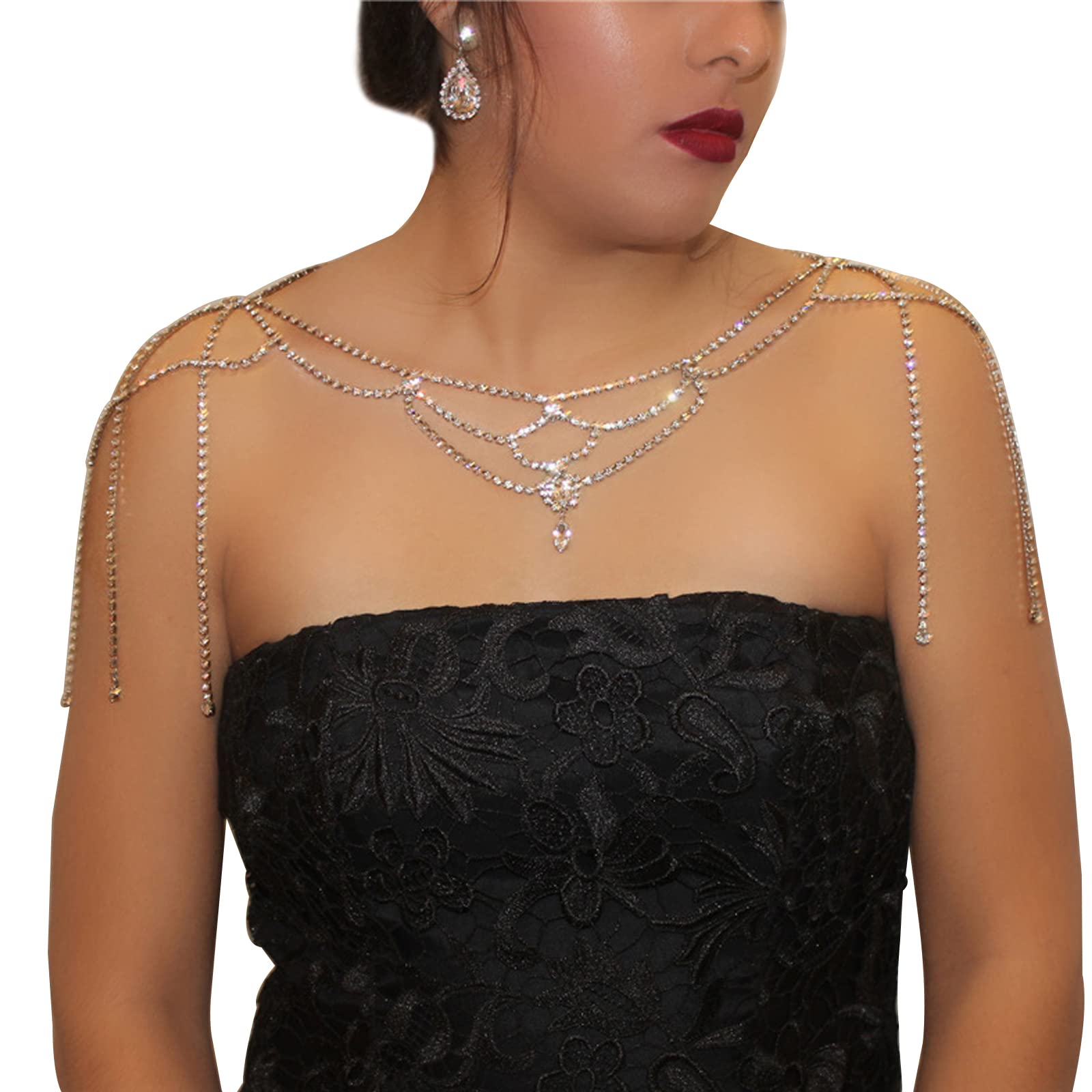 Luxury Rhinestone Shoulder Chain Necklace Layered Back Chain Multi Layer Tassel Crystal Shoulder Harness Chain Statement Bridal Wedding Layered Body Chain for Women (Shoulder-silver)