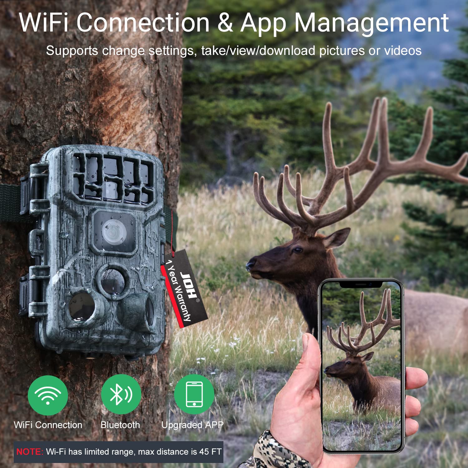 JOH Upgraded 4K 30FPS WiFi Trail Camera, 30MP Game Camera with Low Glow Night Vision, 0.2s Trigger Motion Activated, IP66 Waterproof Hunting Camera, 120° Wide Angle Deer Cam with 32GB Card