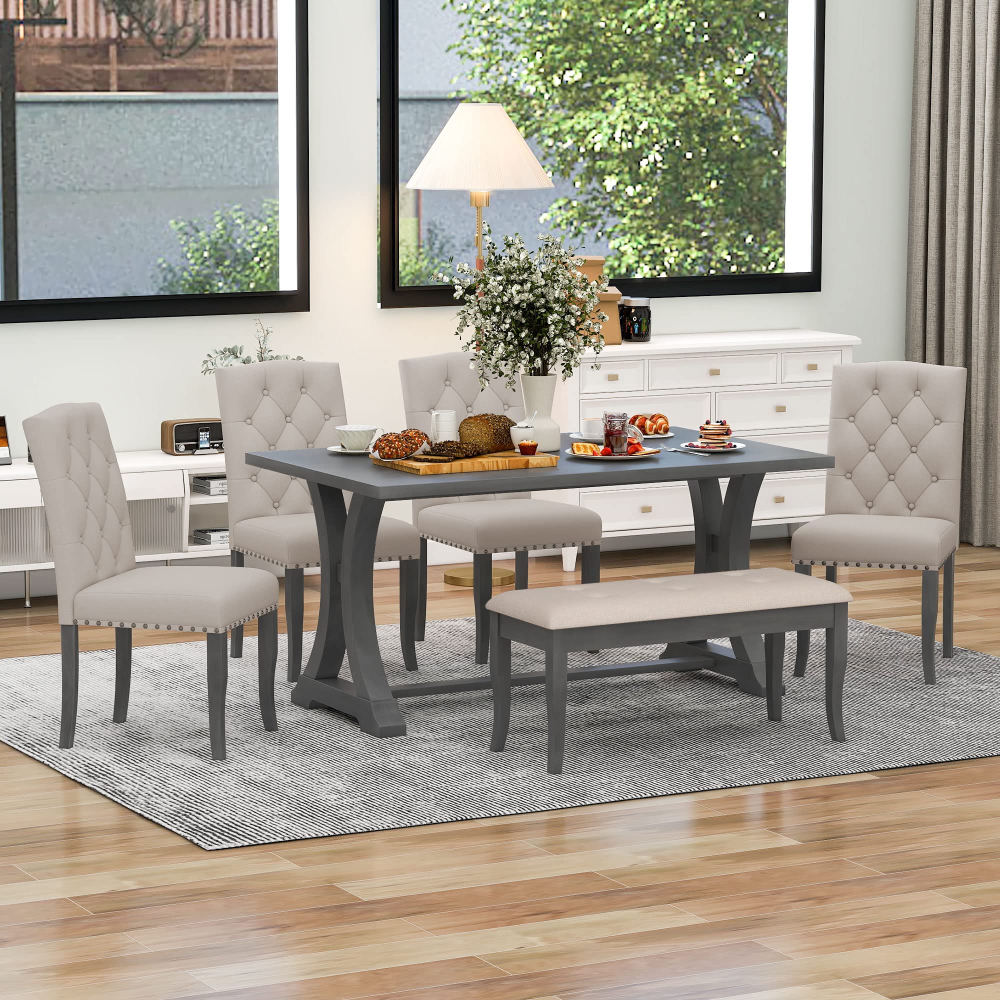 Harper & Bright Designs Classic and Traditional Style 6 - Piece Dining Set, Includes Dining Table, 4 Upholstered Chairs & Bench (White+Gray) (White+Gray) (White1)