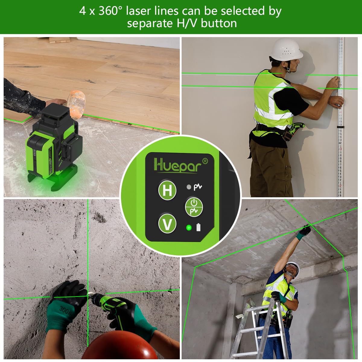 Huepar Multi-Line Laser Level-Four Vertical and One 360° Horizontal Lines with Plumb Dot, Green Cross Line Self-leveling Laser Tool -Rotating Base, Lifting Base, 2 Li-ion Battery&Hard Carry Case LS41G