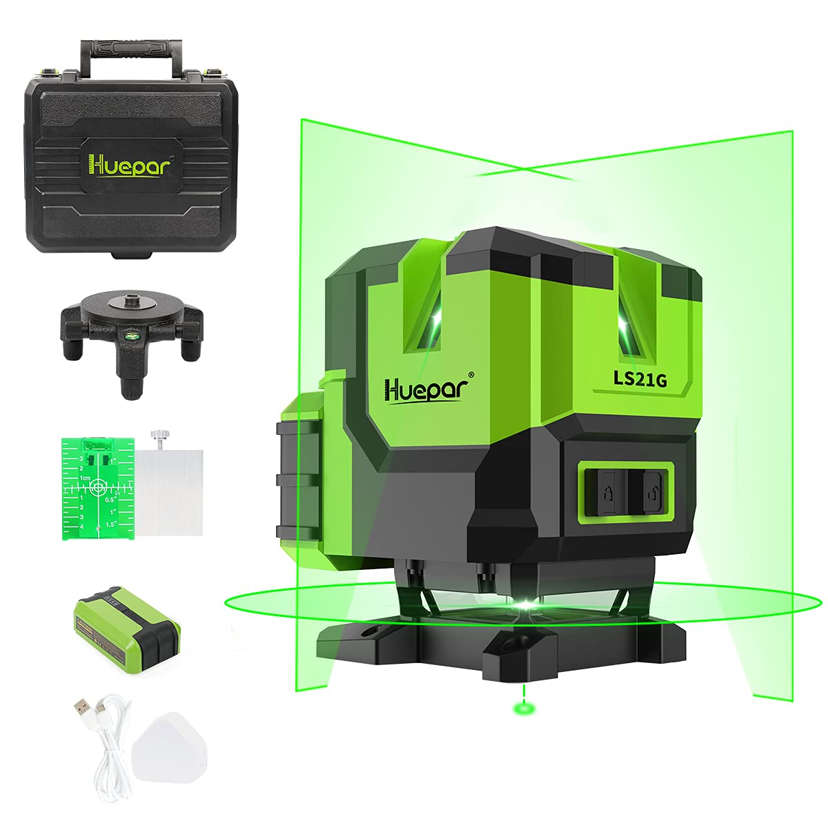 Huepar Multi-Line Laser Level-360° Floor Horizontal and Two Vertical Lines with Plumb Dot, Green Cross Line Self-leveling Laser Tool-Rotating Base, Lifting Base, Li-ion Battery&Hard Carry Case LS21G